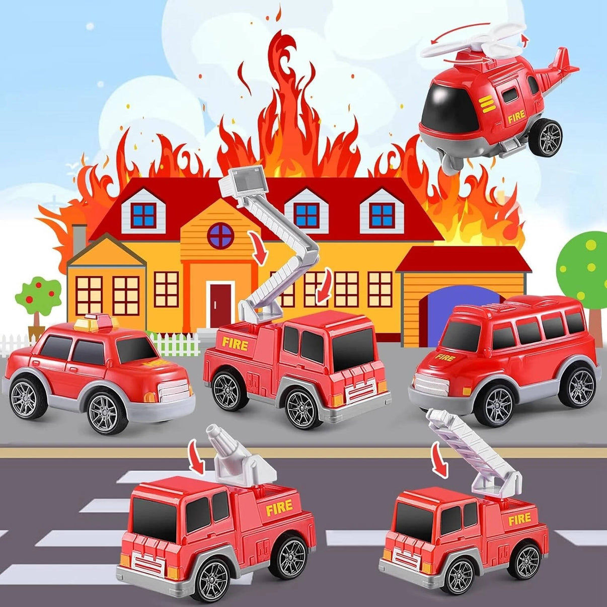 Fire Truck Carrier Toy Set with 5 Vehicles Lights and Sound Transport ...